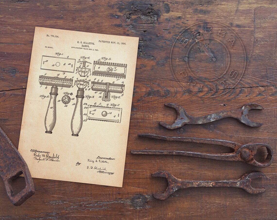 Vintage Gillette Razor Patent Poster Print, Remastered Barber Shop Man ...