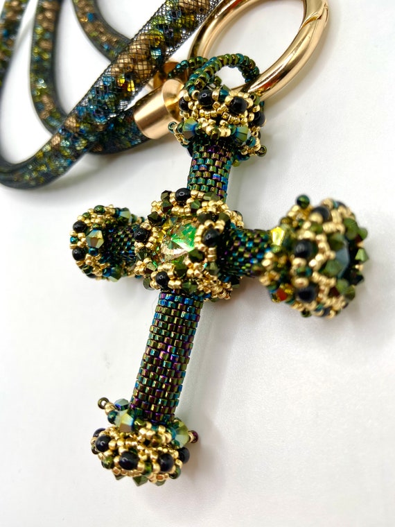 Long Chain cross Olive Green/gold 90 Cm handmade | Etsy