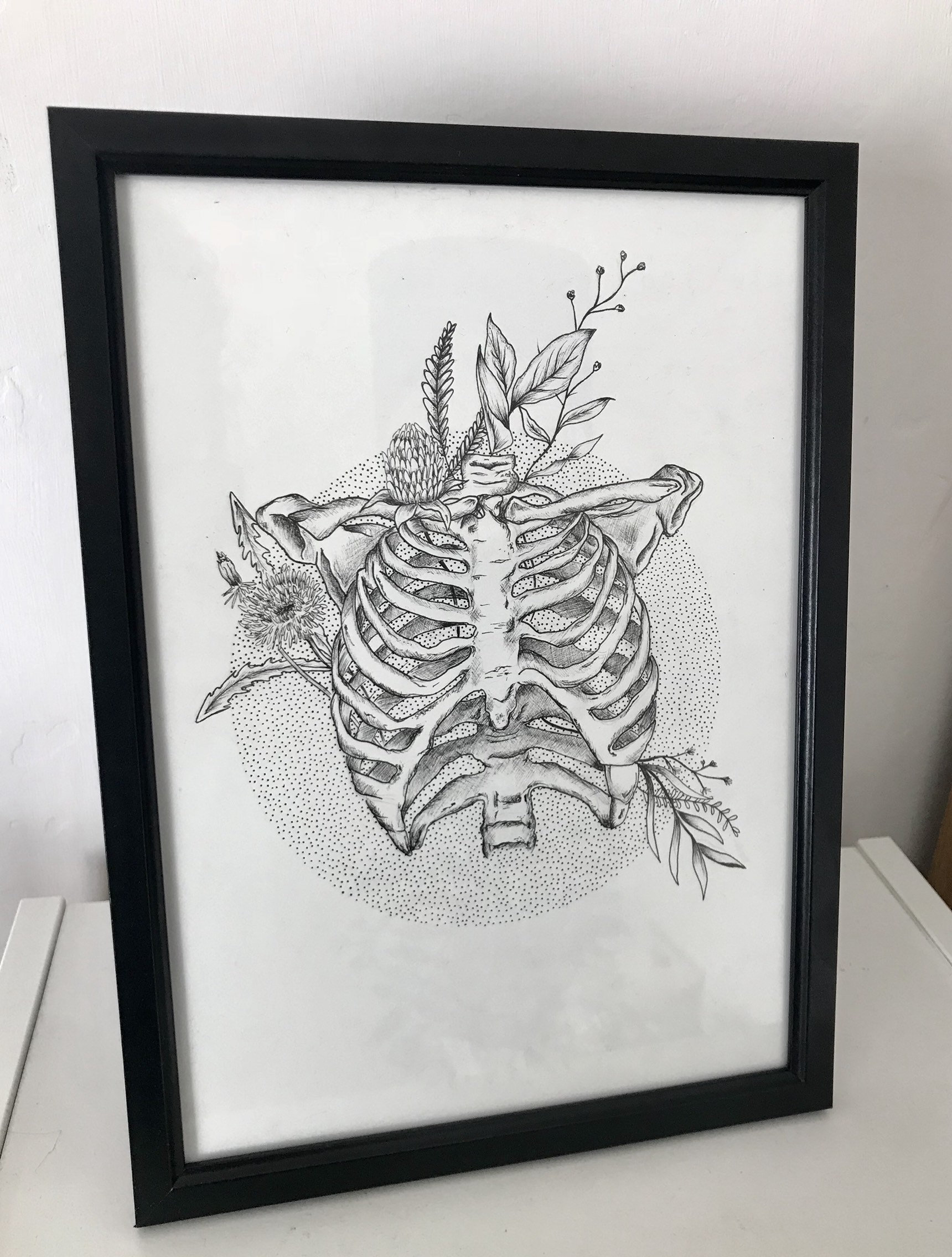Skeleton Rib Cage With Wildflowers Pen Drawing - Etsy