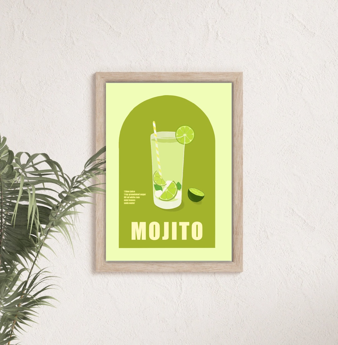 Mojito Cocktail Print, Bar Cart Wall Art, Retro Poster Aesthetic ...