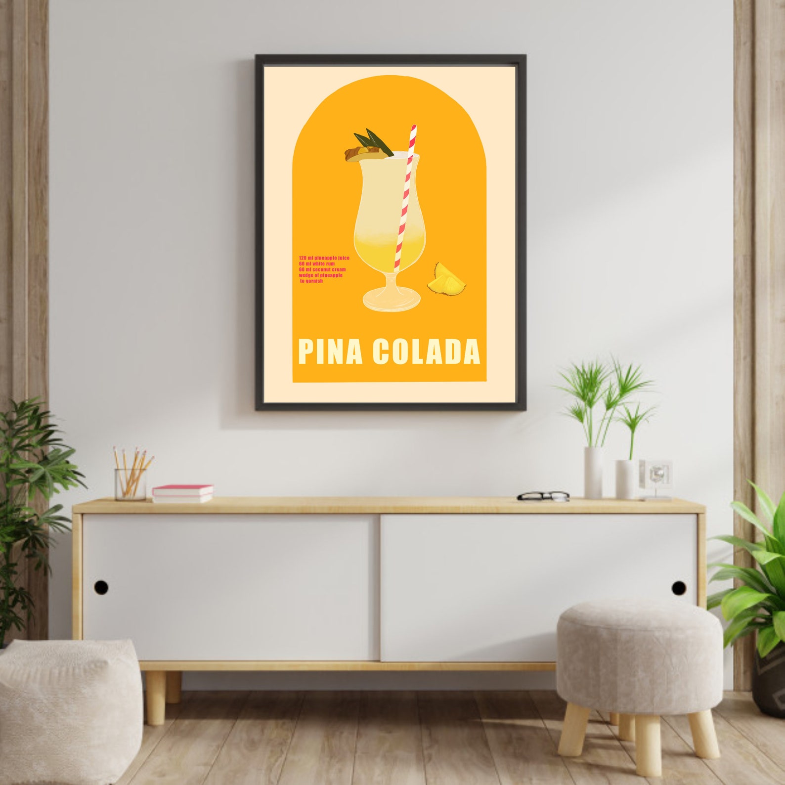 Pina Colada Cocktail Print, Bar Cart Wall Art, Retro Poster Aesthetic ...