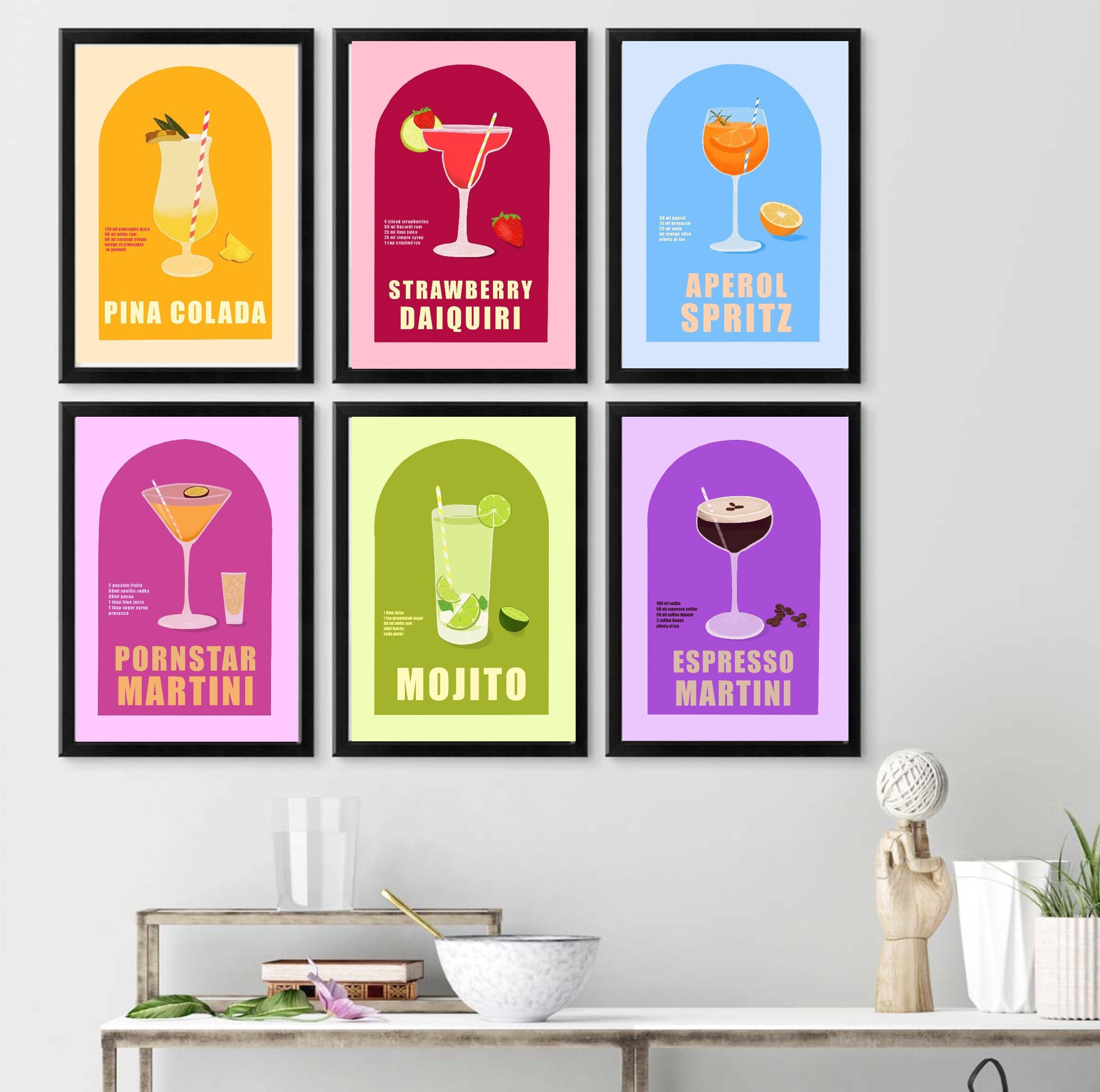 Cocktail Prints Set of 6, Bar Cart Wall Art, Retro Poster Aesthetic ...
