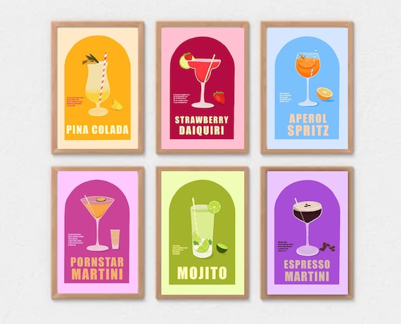Cocktail Prints Set of 6 Bar Cart Wall Art Retro Poster - Etsy