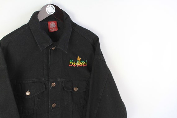 vintage BOB MARLEY 1994 Denim Jacket black jean coat … - Gem