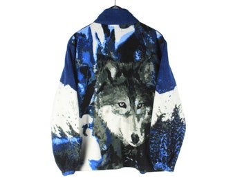Vintage FLEECE Wolf Nature Animal Pattern Print Women's Size M Full Zip ...