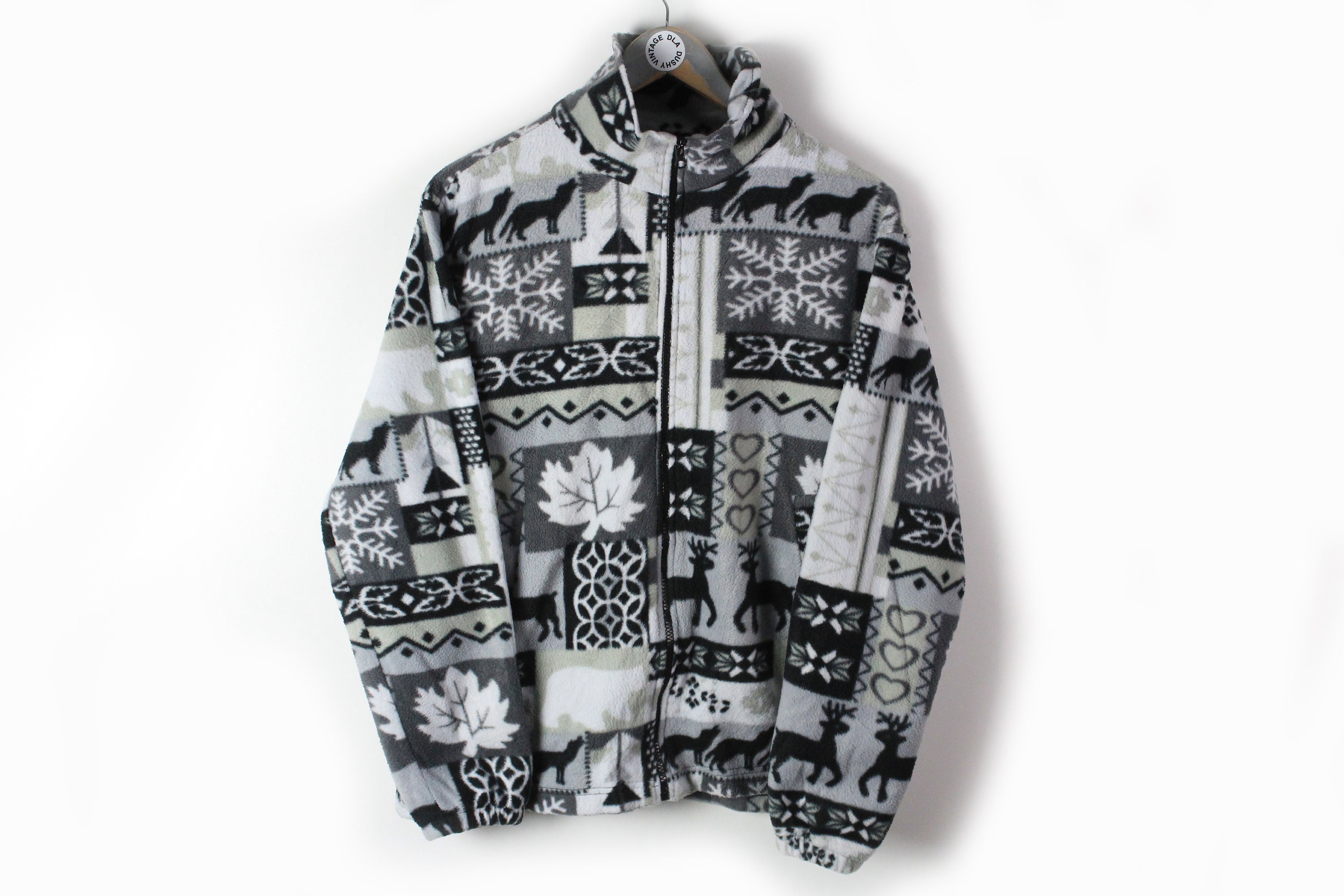 Vintage FLEECE Full Zip Sweater Abstract Pattern Size S Gray - Etsy