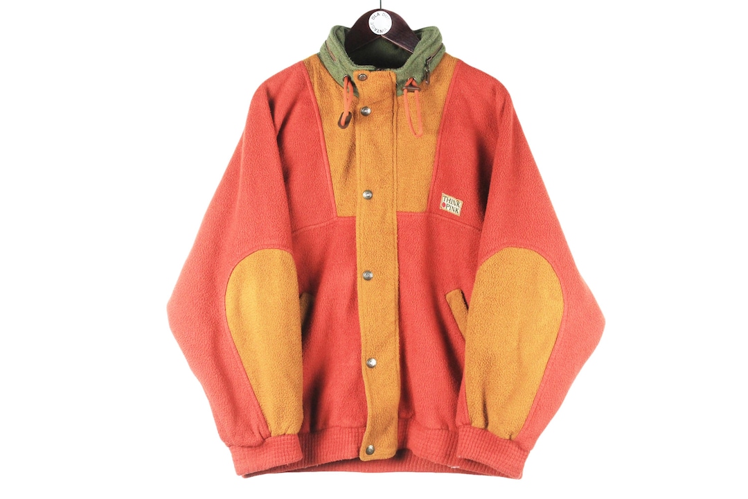Vintage THINK PINK FLEECE Full Zip Sweater Men's Size S Red Orange ...