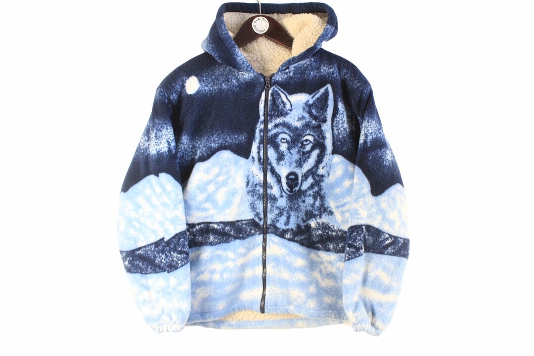 Vintage FLEECE Wolf Nature Animal Pattern Print Women's Size M Full Zip ...