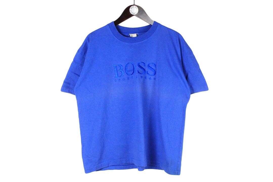Vintage HUGO BOSS T-shirt Blue Embroidery Big Logo Size S Men's Rare 90 ...