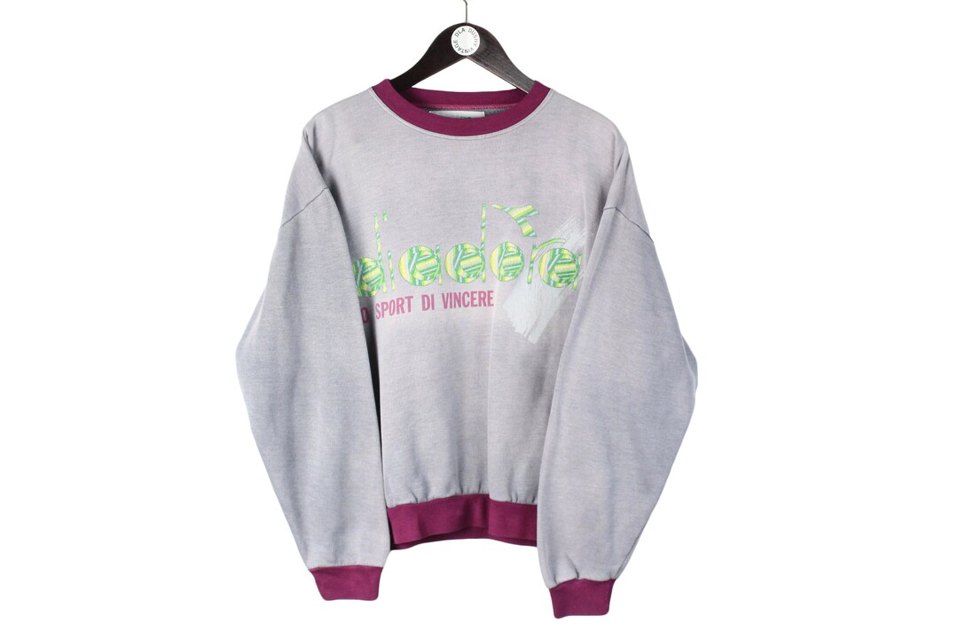 Vintage DIADORA Sweatshirt Authentic Gray Pink 90's Rave Sweater ...