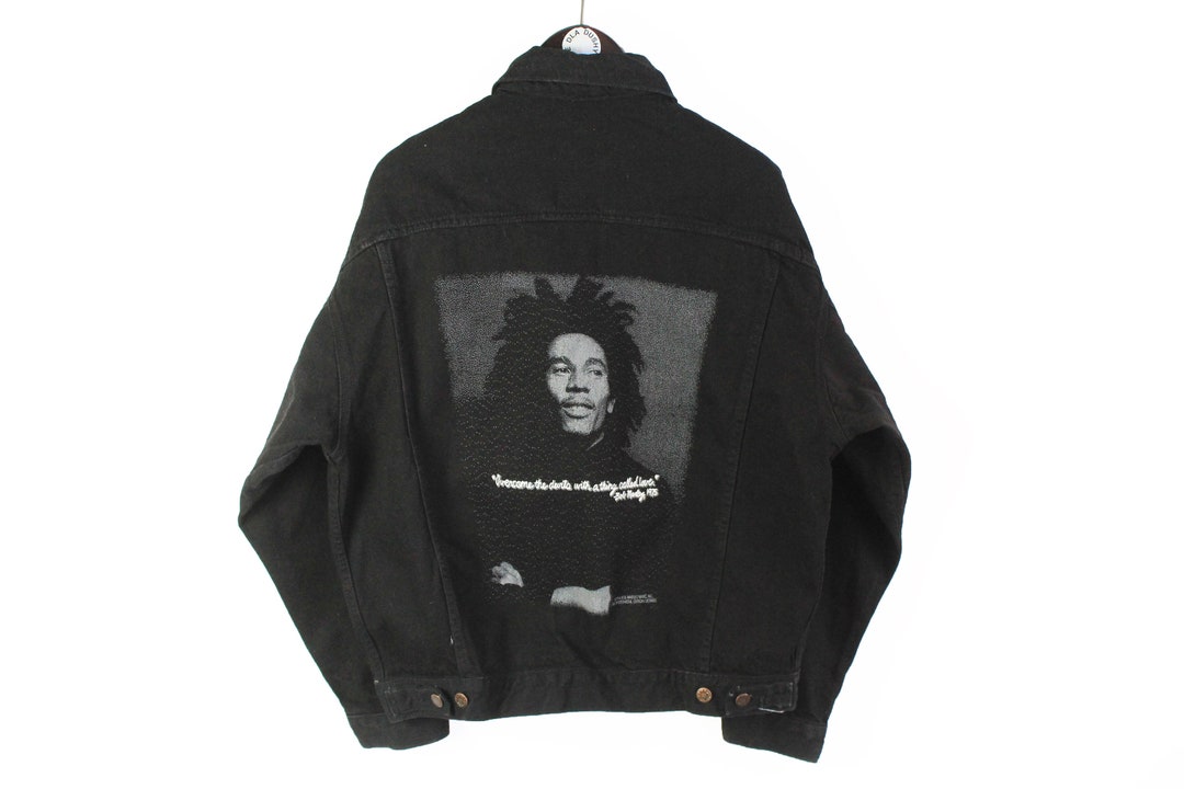 Vintage BOB MARLEY 1994 Denim Jacket Black Jean Coat Authentic Size L ...