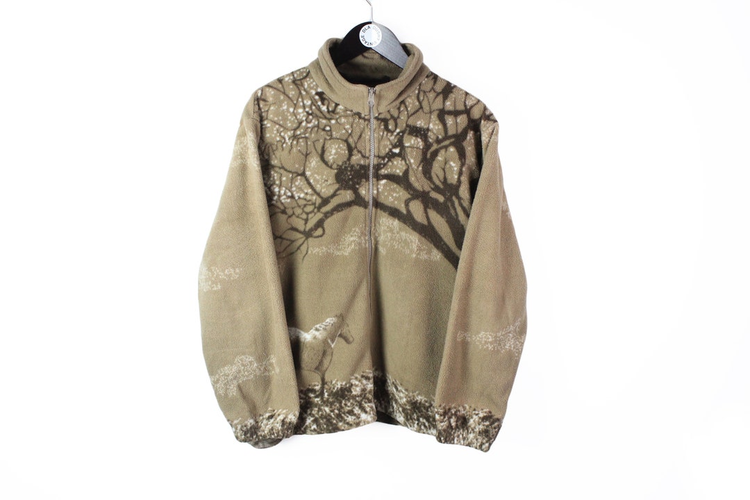 Vintage FLEECE Sweater Horse Pattern Full Zip Authentic Nature Animal ...