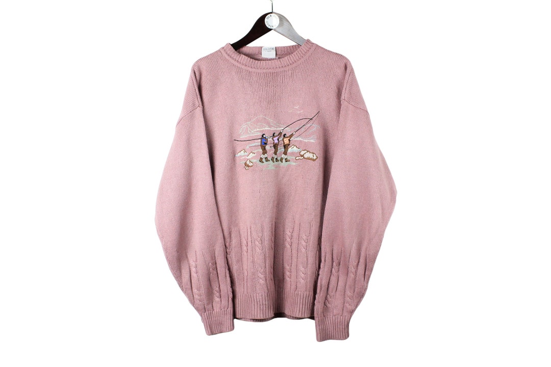 Vintage Fishing Sweater Embroidery Red Non Brand 90's Winter Knitted ...