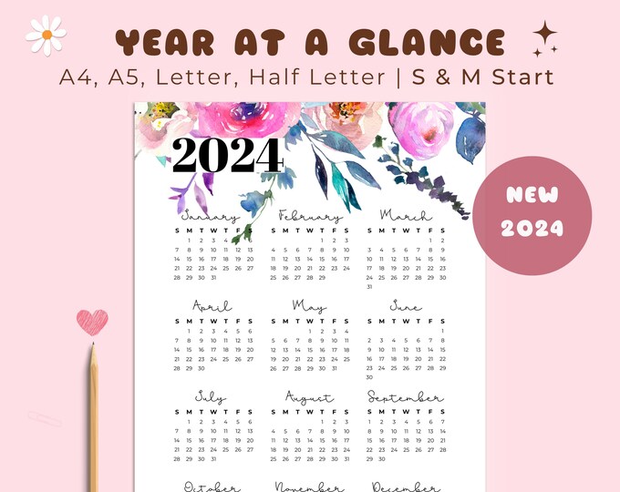 Year at a Glance 2024 Printable, Year at a Glance Calendar, Yearly ...