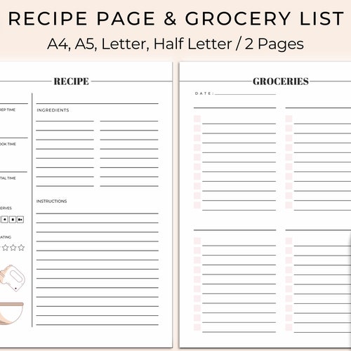 Printable Recipe Page Grocery List Printable Recipe Planner - Etsy