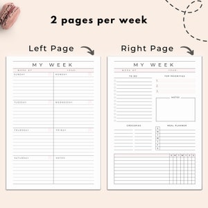 Undated Weekly Planner Printable, Week on Two Pages Printable, W02P ...
