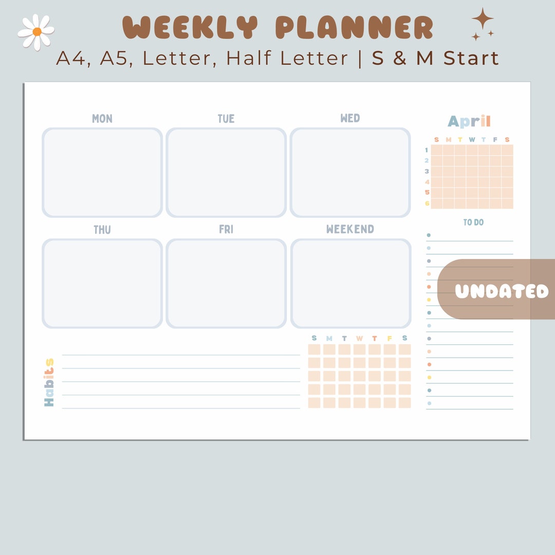 Weekly Planner Printable Undated, Week at a Glance, Week on One Page ...
