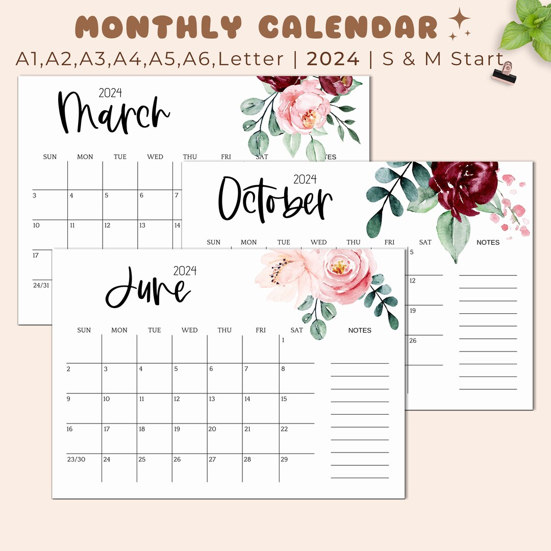 2024 Floral Calendar Printable, Wall Calendar Printable, Floral Desk ...