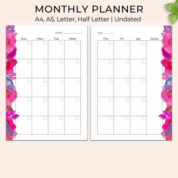 Monthly Planner Printable Undated Monthly Planner Floral - Etsy
