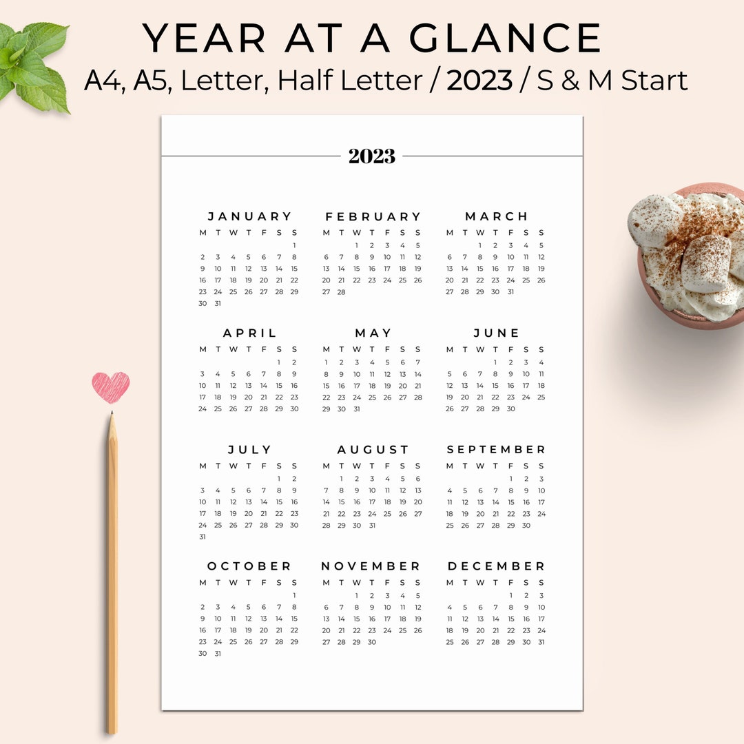 2023 Calendar Printable Year at a Glance Calendar Yearly - Etsy Canada