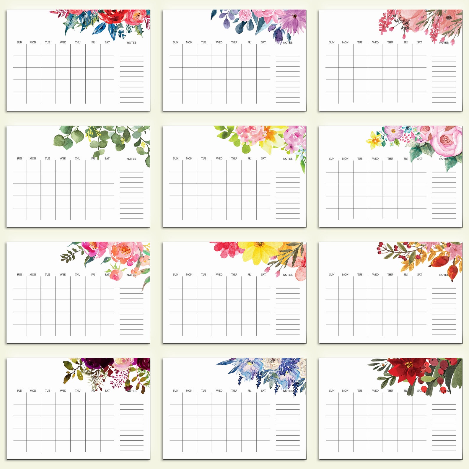 Calendario imprimible sin fecha 2019 2020 Calendario de | Etsy