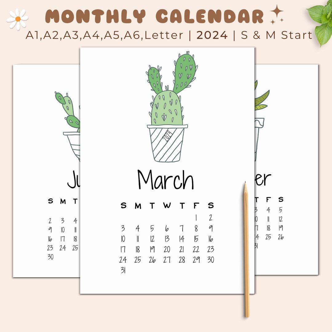 Cactus Monthly Calendar Printable, 2024 Printable Calendar, 2024 Desk ...