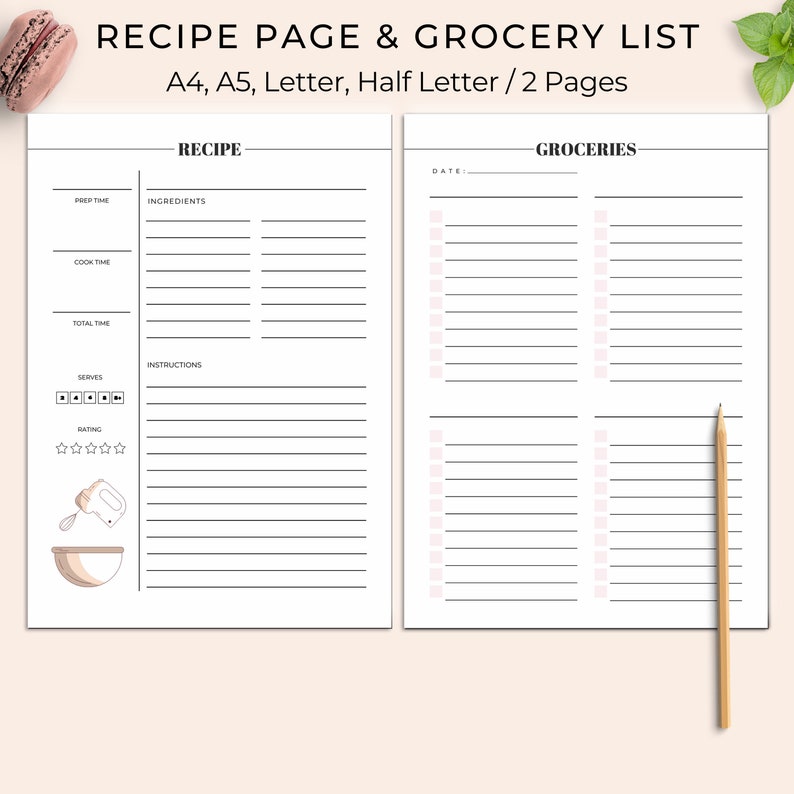 Printable Recipe Page Grocery List Printable Recipe Planner - Etsy