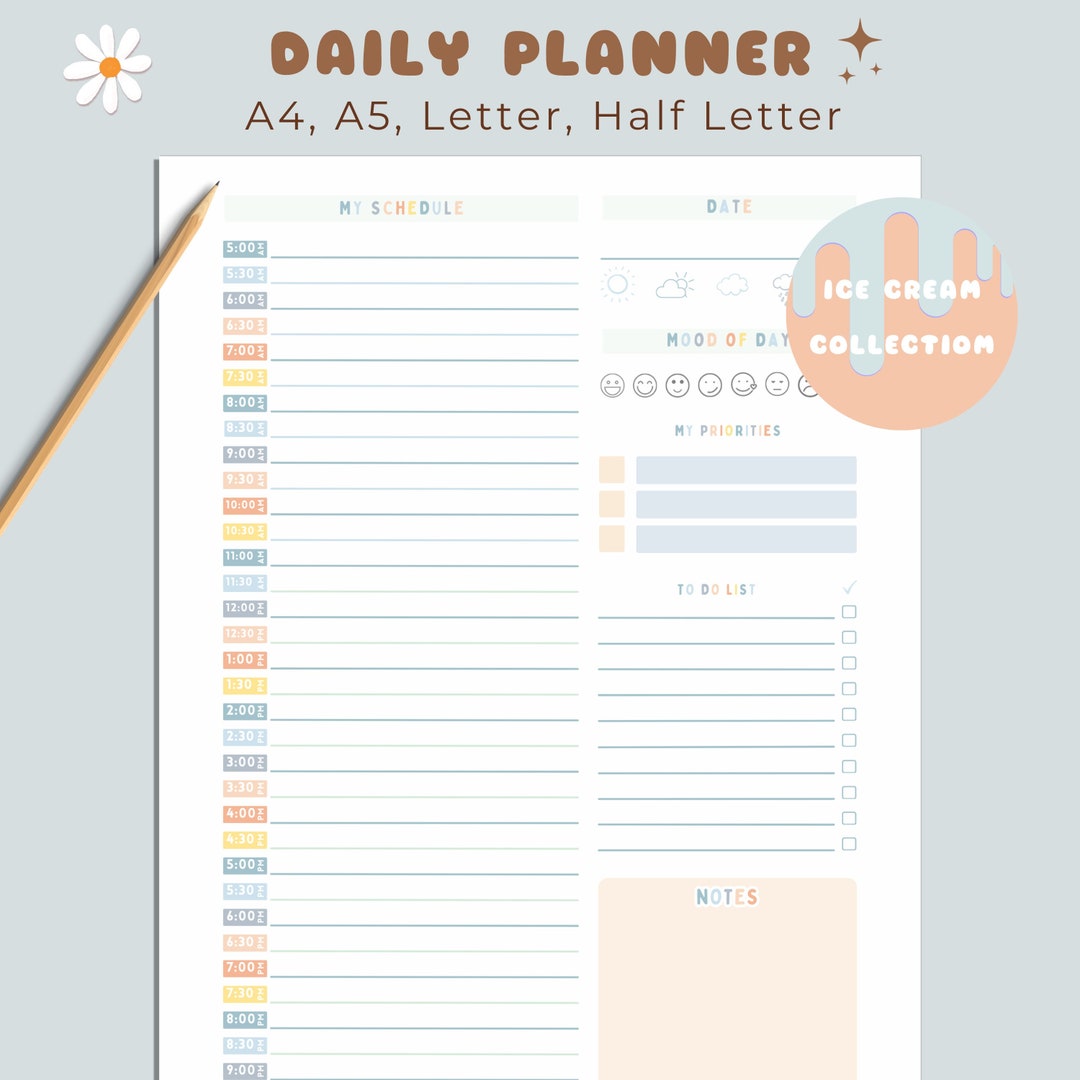 Daily Planner Printable, Half Hour Daily Planner, Day Planner ...