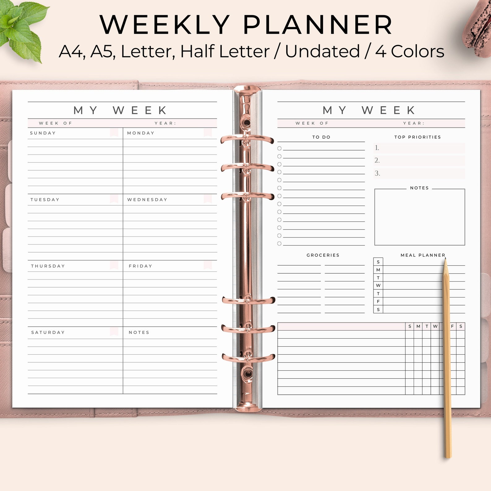 Week at a Glance Printable Weekly Planner Undated Week on - Etsy Canada