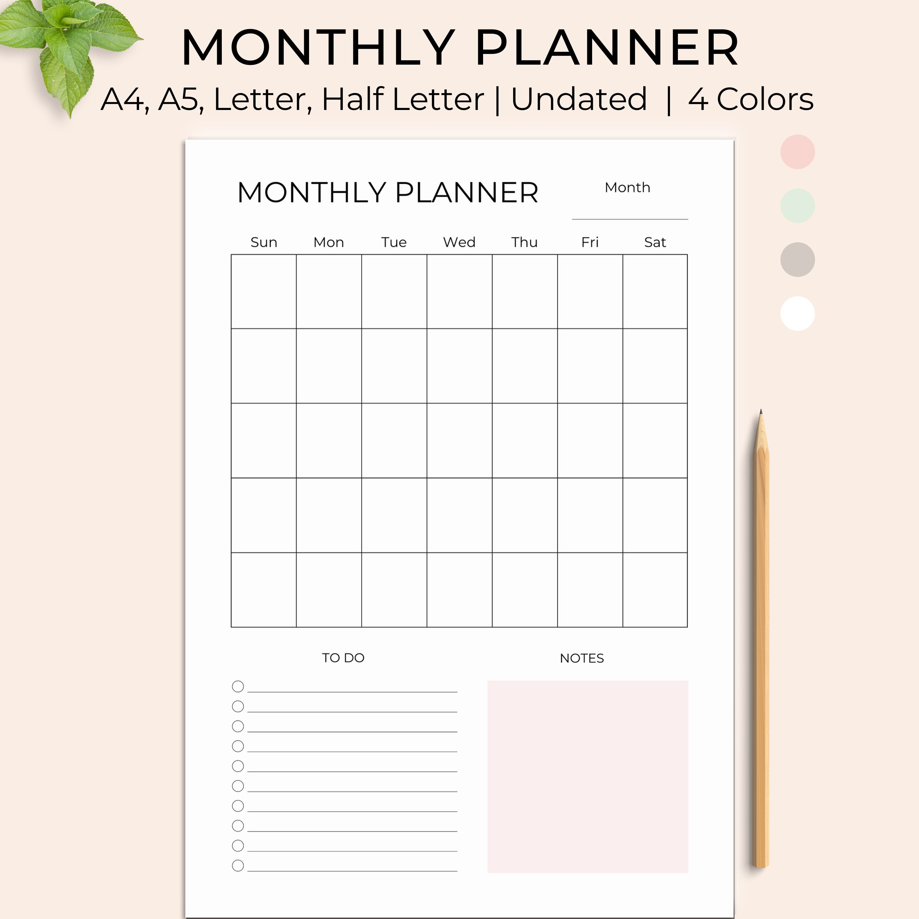Monthly Planner Printable Undated Monthly Planner Month on 2 - Etsy