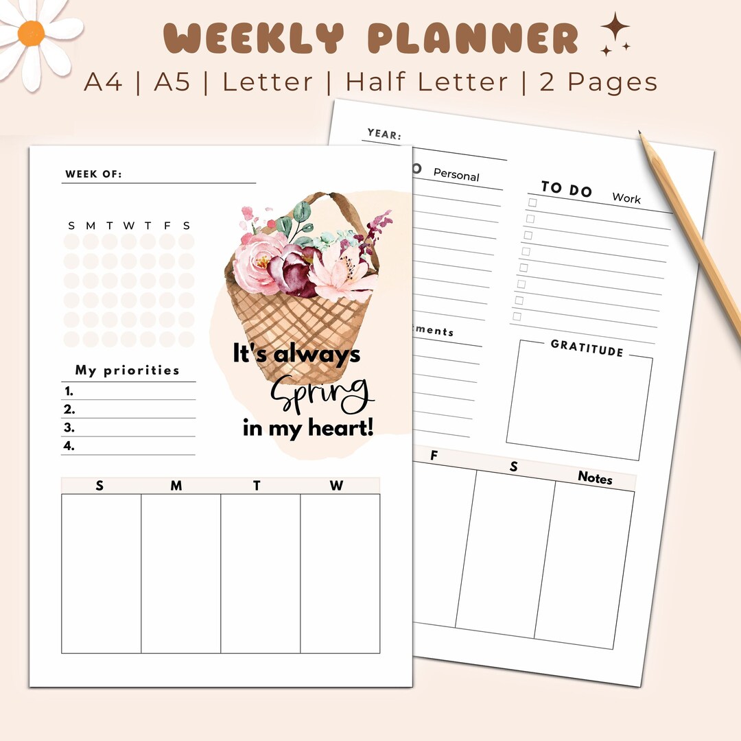 Weekly Planner Printable, Week at a Glance Printable, Weekly Planner ...