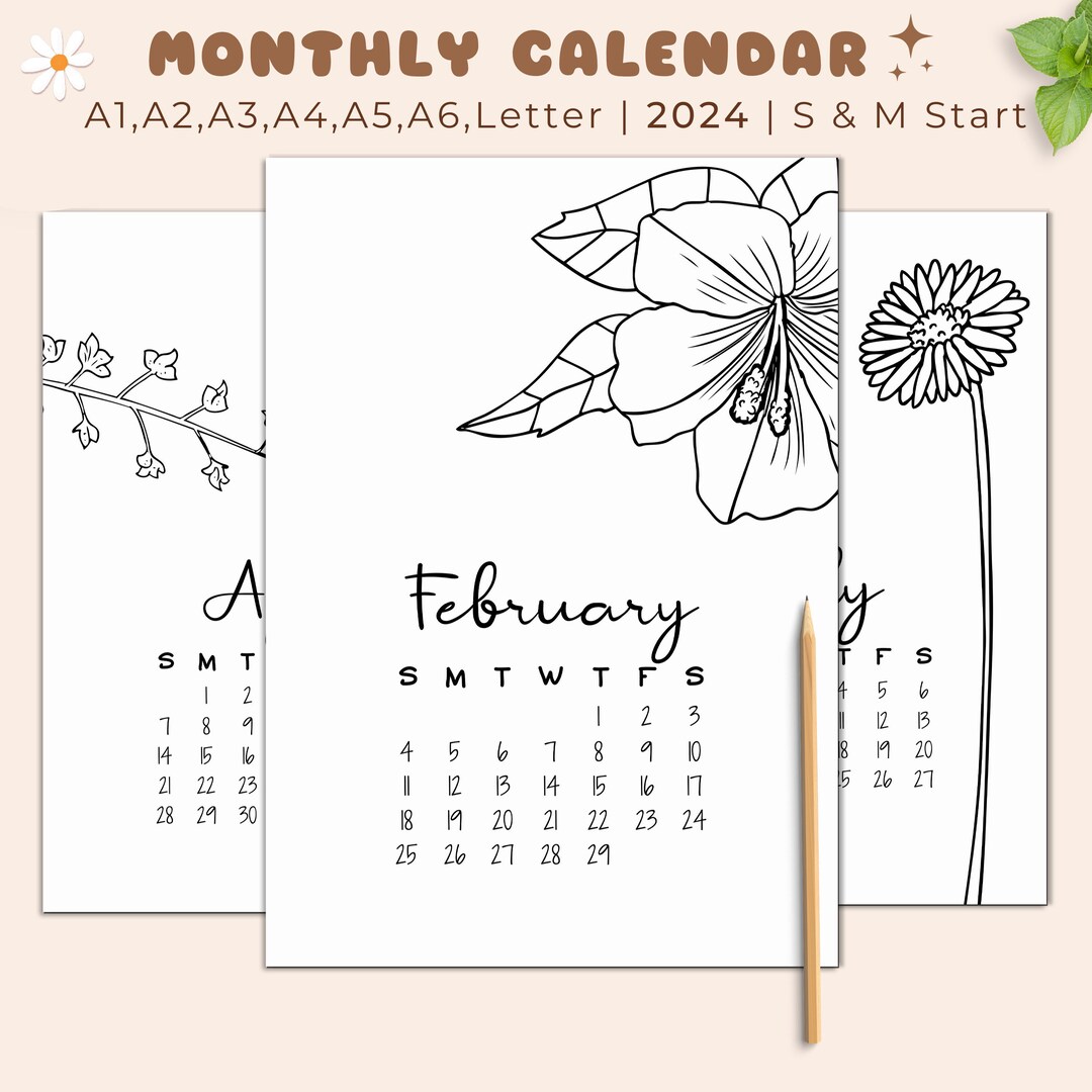 2024 Floral Wall Calendar Printable, Wall Calendar Printable, Floral ...