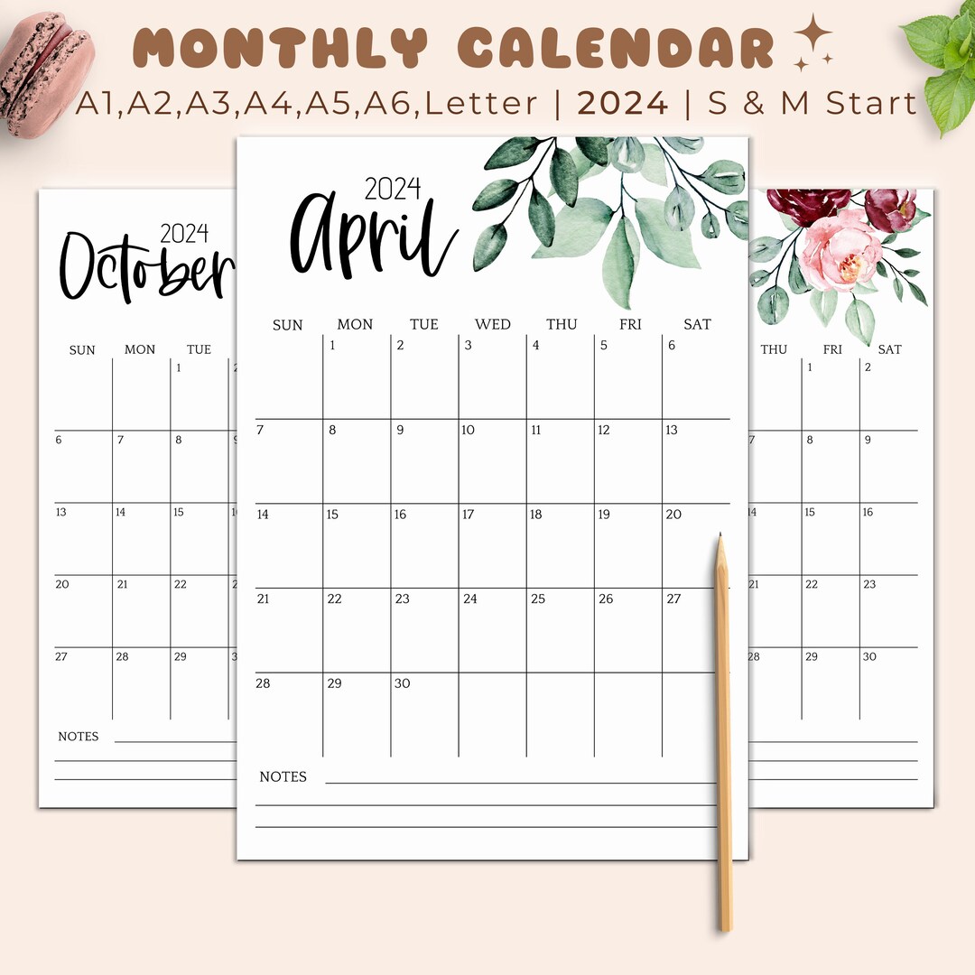 2024 Floral Wall Calendar Printable, Wall Calendar Printable, Floral ...