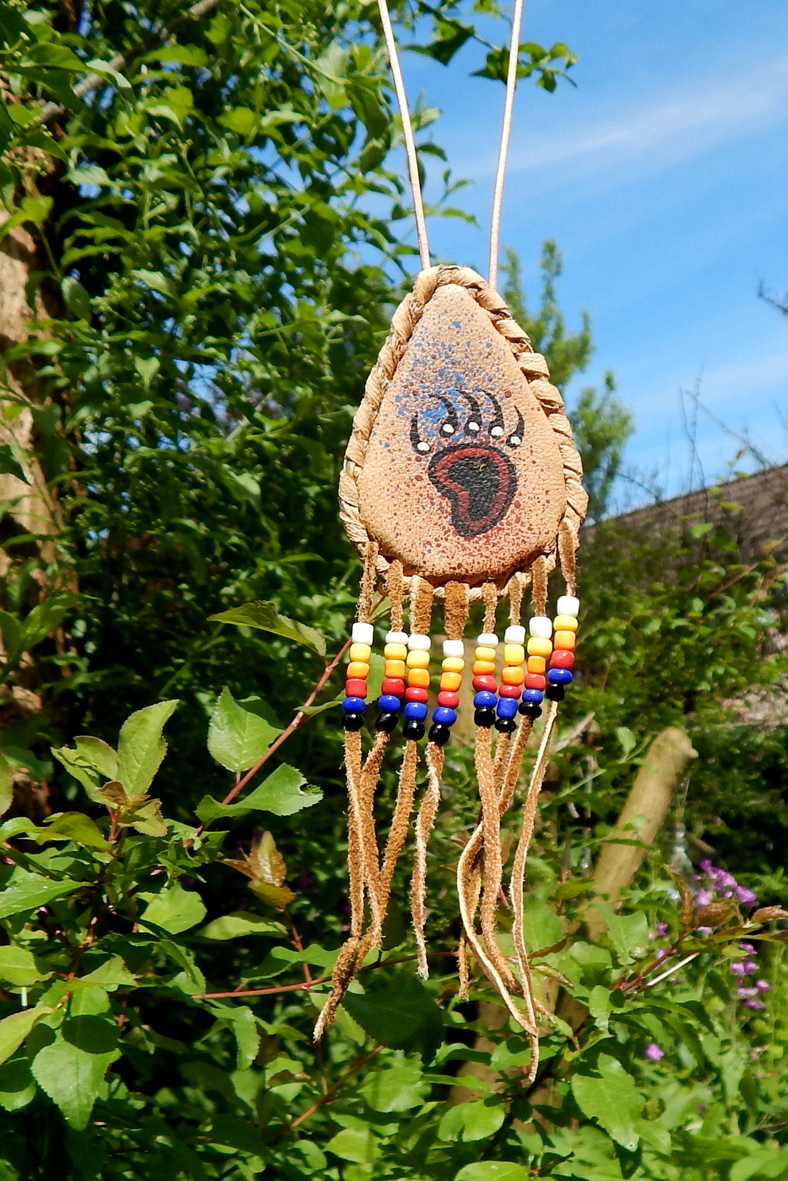 Indian Protective Amulet, Deerskin, Bear Paw, Hand-painted, Boho ...