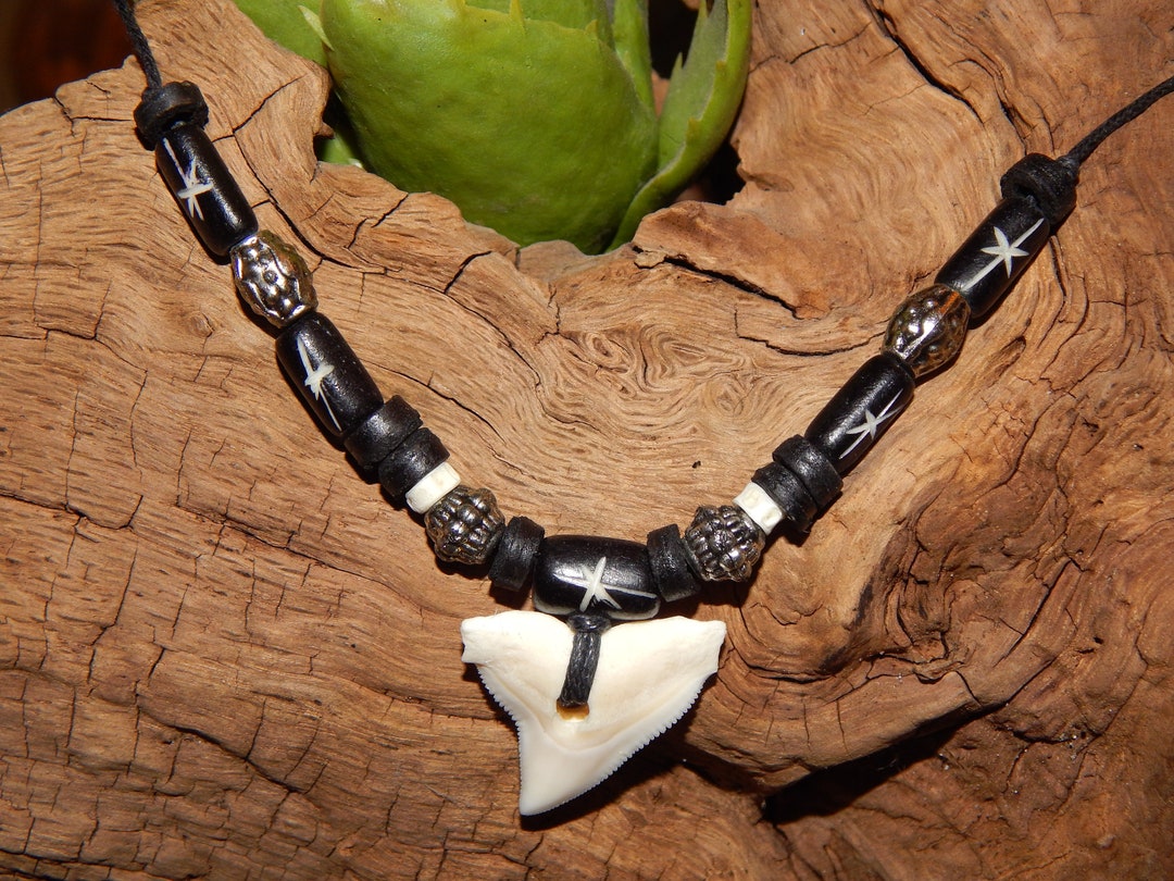 Real, Large Shark Tooth High-quality Surfer Necklace With Bone Beads ...