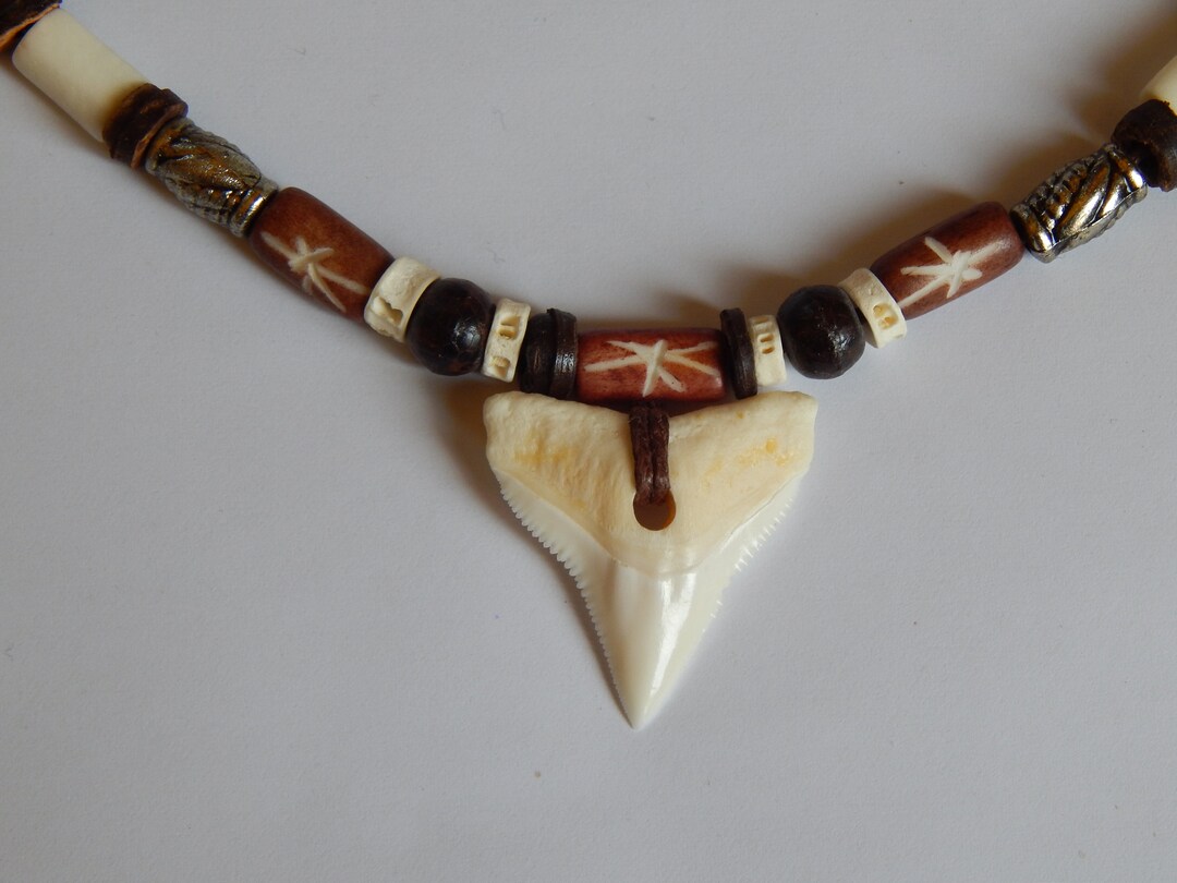 Real, Large Shark Tooth, High-quality Surfer Necklace With Bone Beads ...