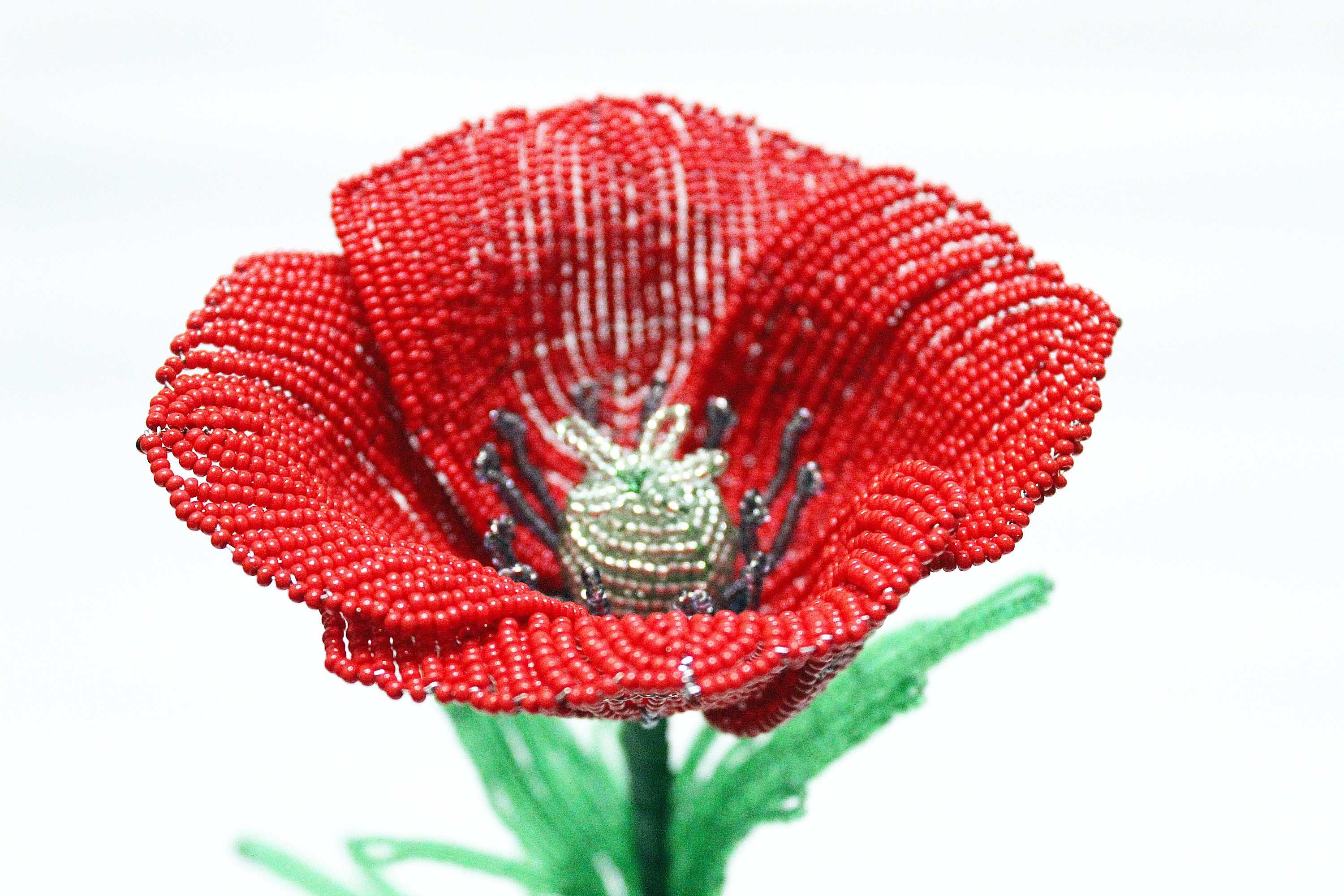 Red poppy poppy stalk french beaded flower beaded poppy | Etsy