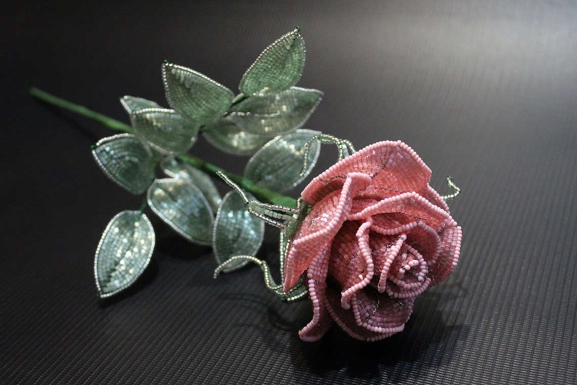 Beaded Rose Pink Rose Beaded Flower French Beaded Flower - Etsy