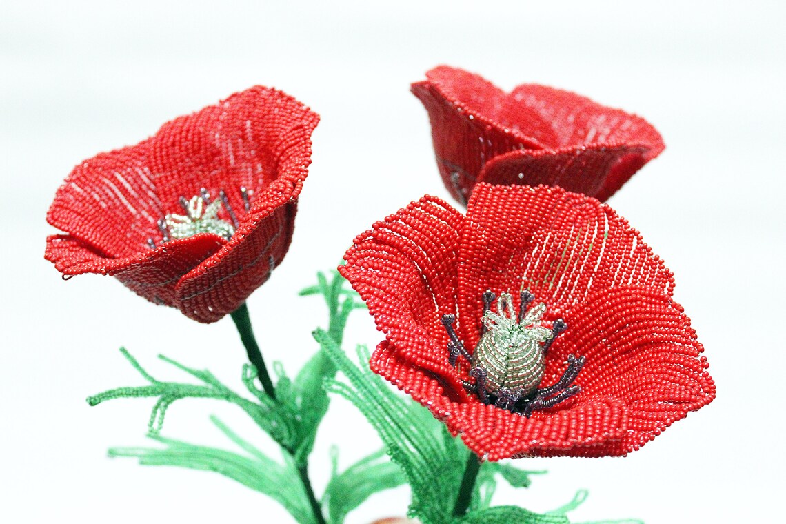 Red Poppies French Beaded Flower Beaded Poppies Artificial | Etsy