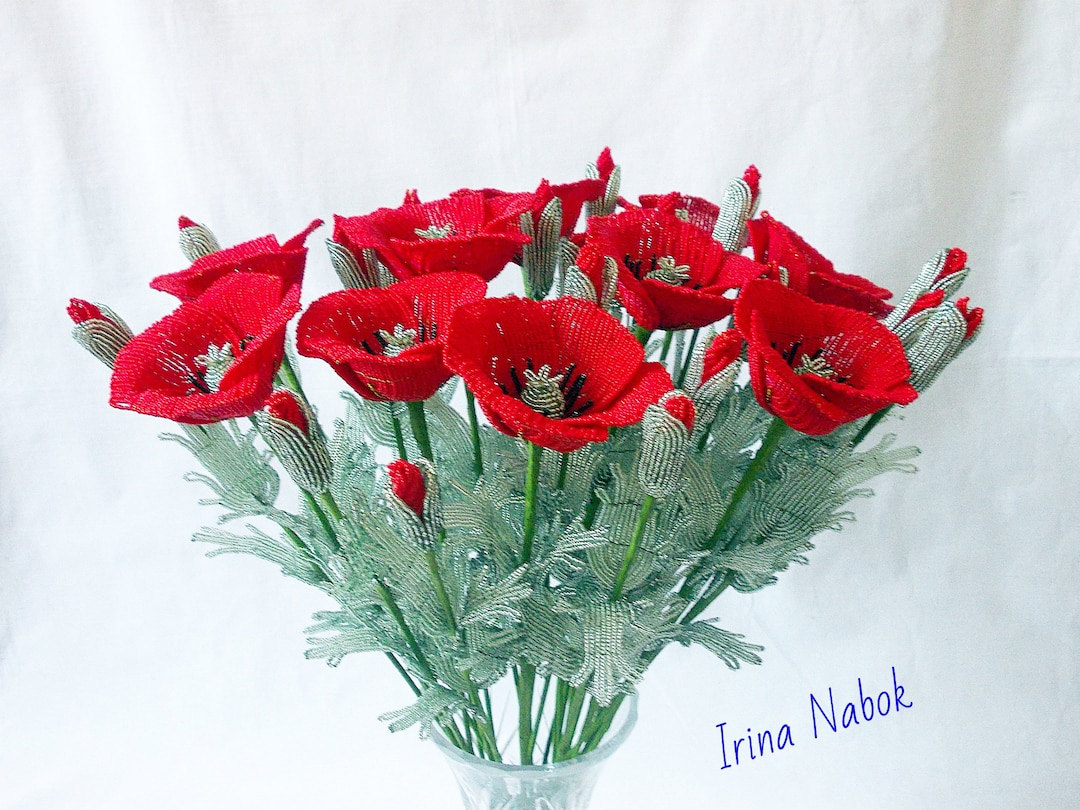 Bouquet of Poppy, Set of 10 Poppy Flowers and 20 Buds, Poppy of Beads ...