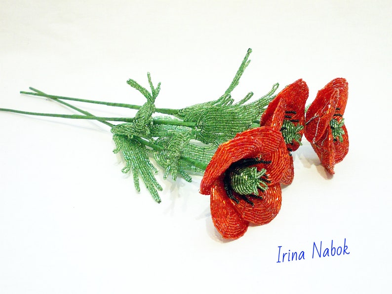 Red poppies set of 3 poppies French beaded flowers beaded | Etsy