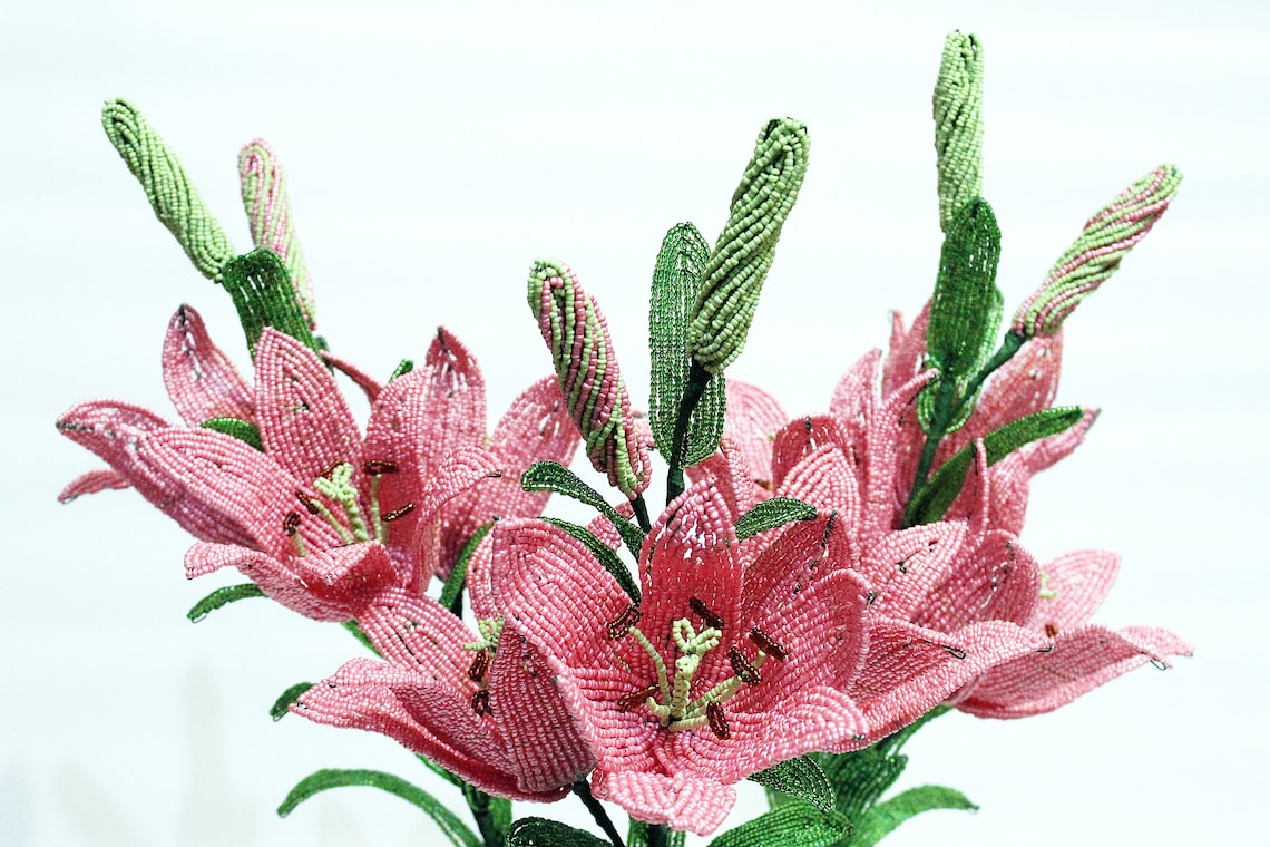Bouquet of 3 branches of lilies french beaded flower beaded | Etsy