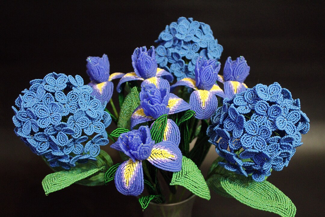 Bouquet of Irises and Hydrangeas, French Beaded Flower, Beaded Bouquet ...