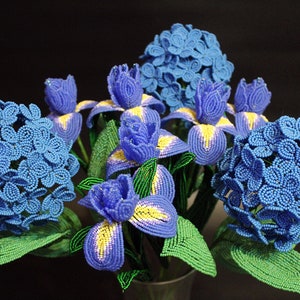 Bouquet of Irises and Hydrangeas, French Beaded Flower, Beaded Bouquet ...