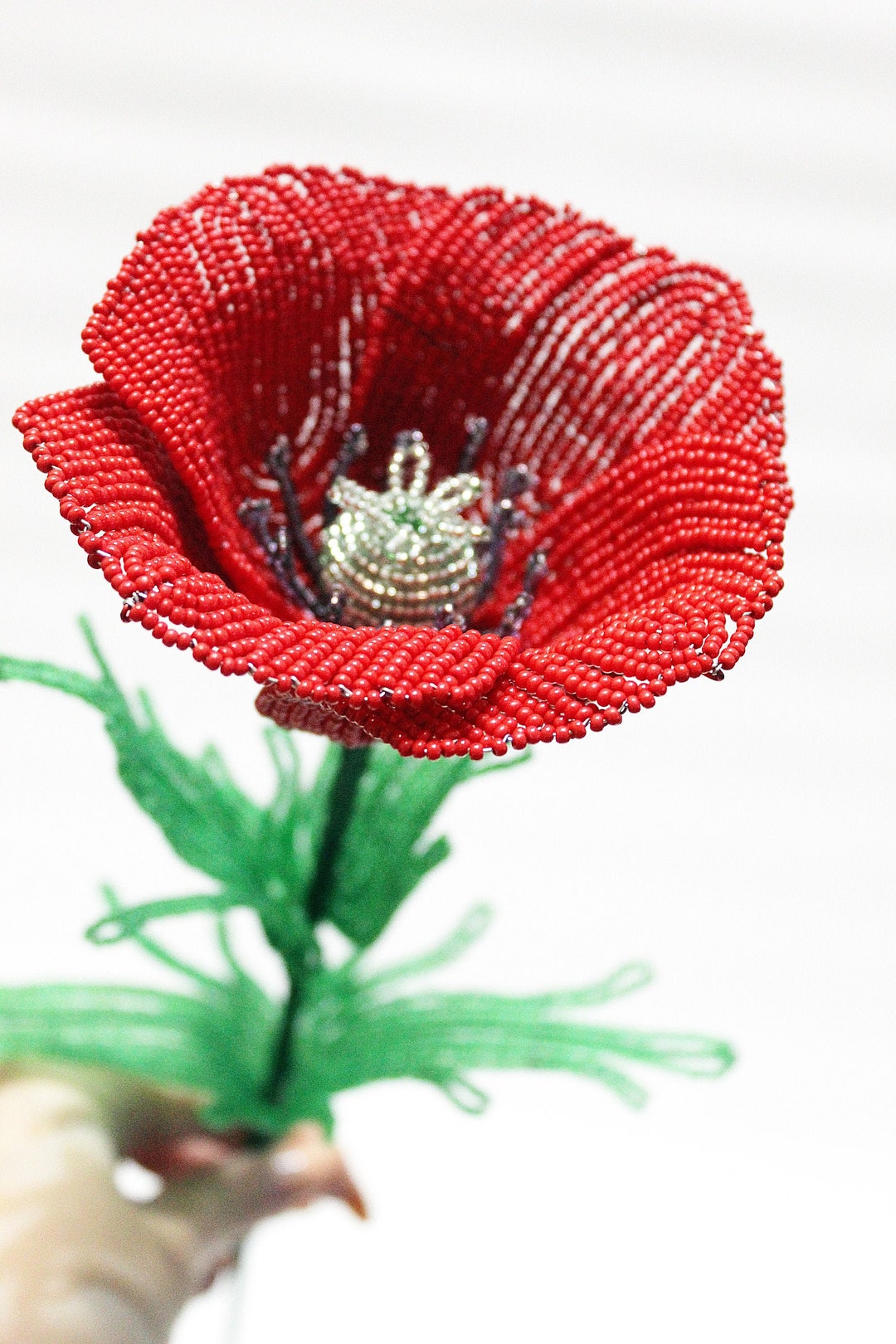 Red Poppy, Poppy Stalk, French Beaded Flower, Beaded Poppy, Field ...