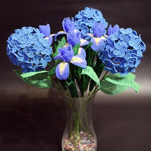 Bouquet of Irises and Hydrangeas, French Beaded Flower, Beaded Bouquet ...