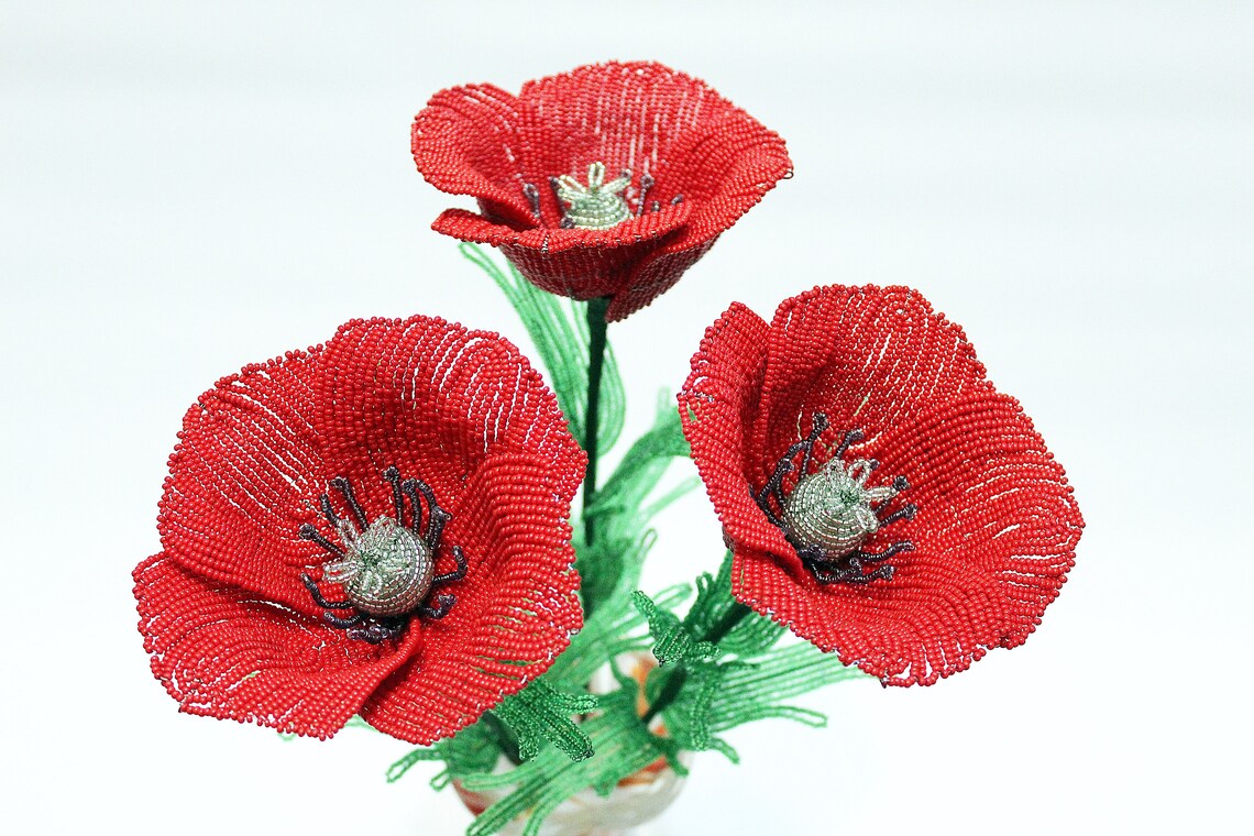 Red Poppies French Beaded Flower Beaded Poppies Artificial | Etsy