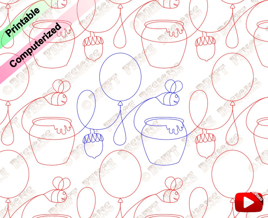 Acorn, Balloon, Bee, and Honey Continous Line, Edge to Edge Pantograph ...