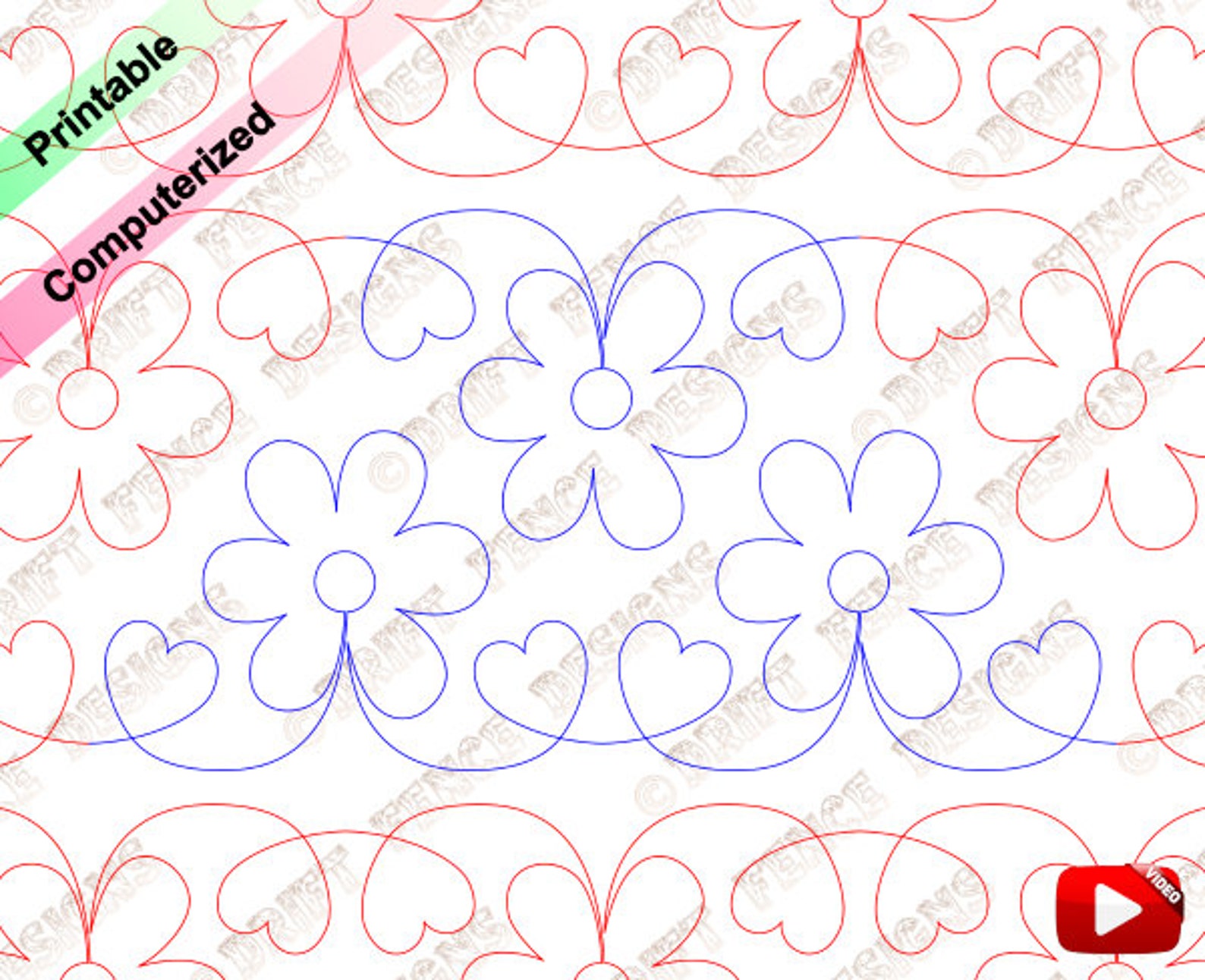 Daisy and Heart Continuous Line, Edge to Edge Pantograph for Quilting. - Etsy