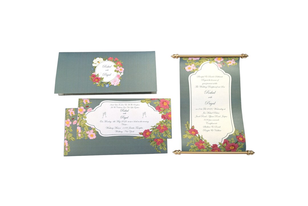Green Color, Shimmery Finish Paper, Scroll Invitations, Small Size ...
